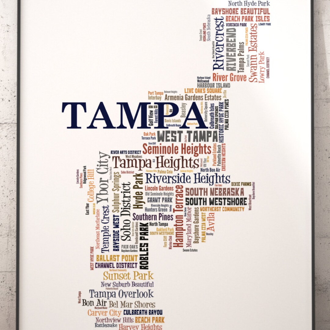 Tampa Map Art, Tampa Art Print, Tampa Neighborhood Art Print, Tampa ...