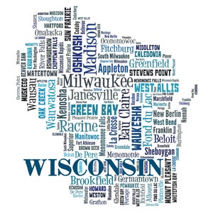 Wisconsin City Map Art Print, Typography Word Cloud - Etsy