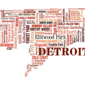 Detroit Map Art, Detroit Art Print, Detroit Neighborhood Art Print ...
