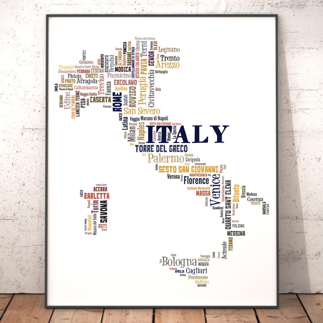 Italy Map Art Print, Typography Word Cloud - Etsy