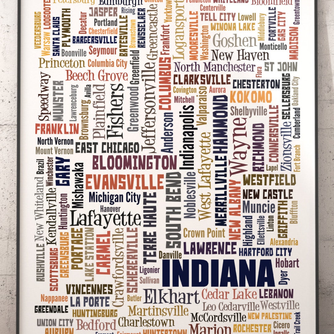 Indiana Map Art Print, Indiana Typography Decor, Indiana Art Print ...