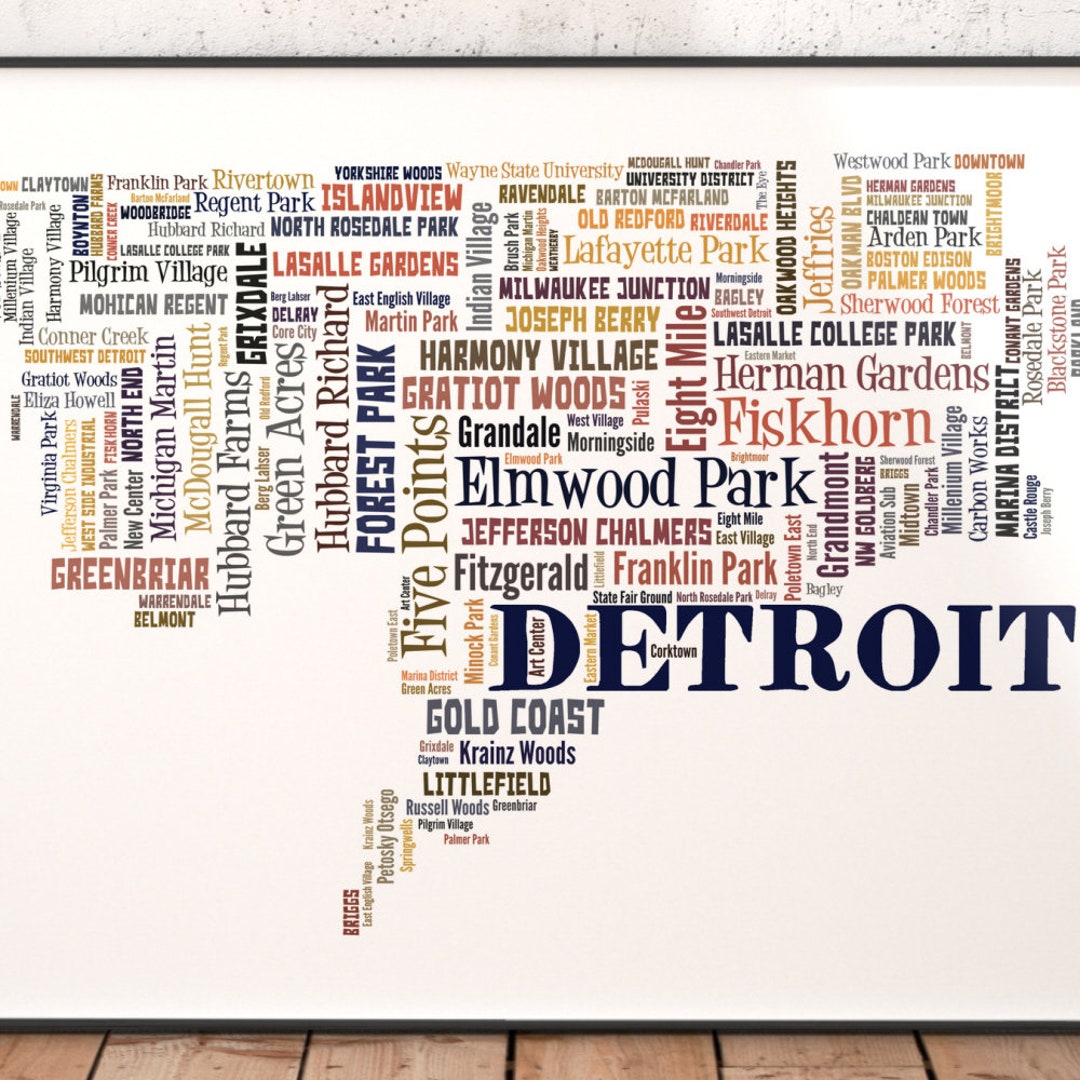 Detroit Map Art, Detroit Art Print, Detroit Neighborhood Art Print ...