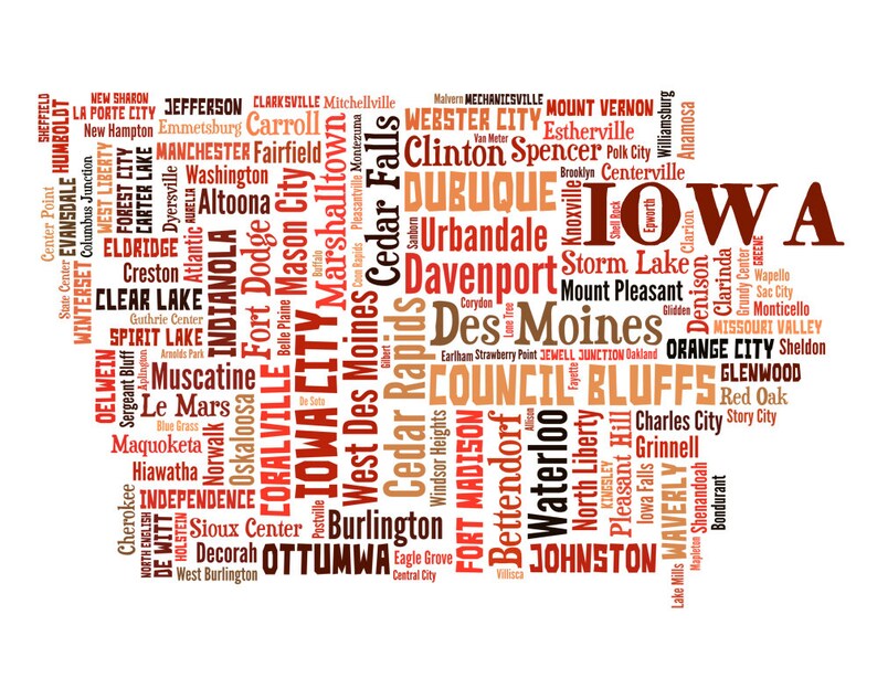 Iowa Map Art, Iowa Art Print, Iowa State Map, Iowa Typography Art, Iowa ...