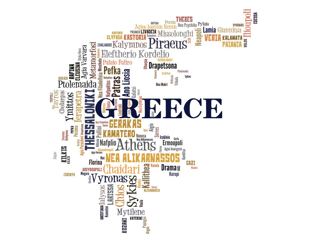 Greece Map Typography Art Print, City Names Word Cloud - Etsy