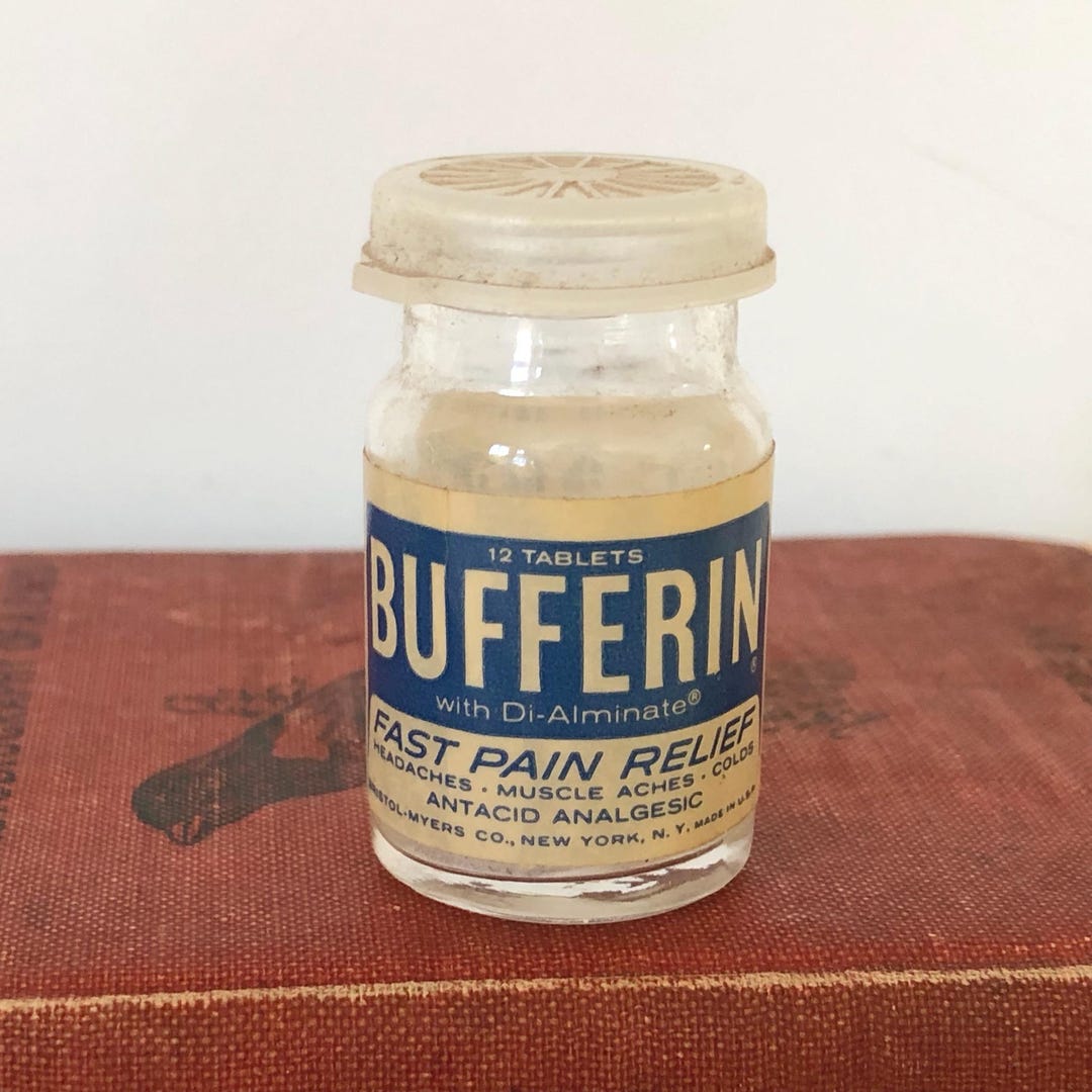 Vintage Bufferin Glass Aspirin Bottle With Paper Label and Plastic Lid ...