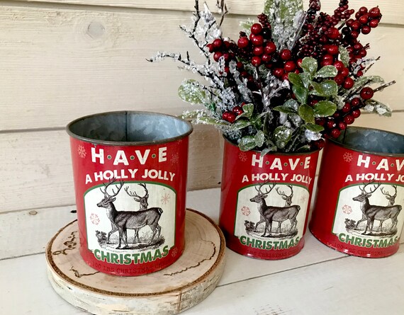 Christmas Tin Can With Reindeer Christmas Cans Metal Cup - Etsy