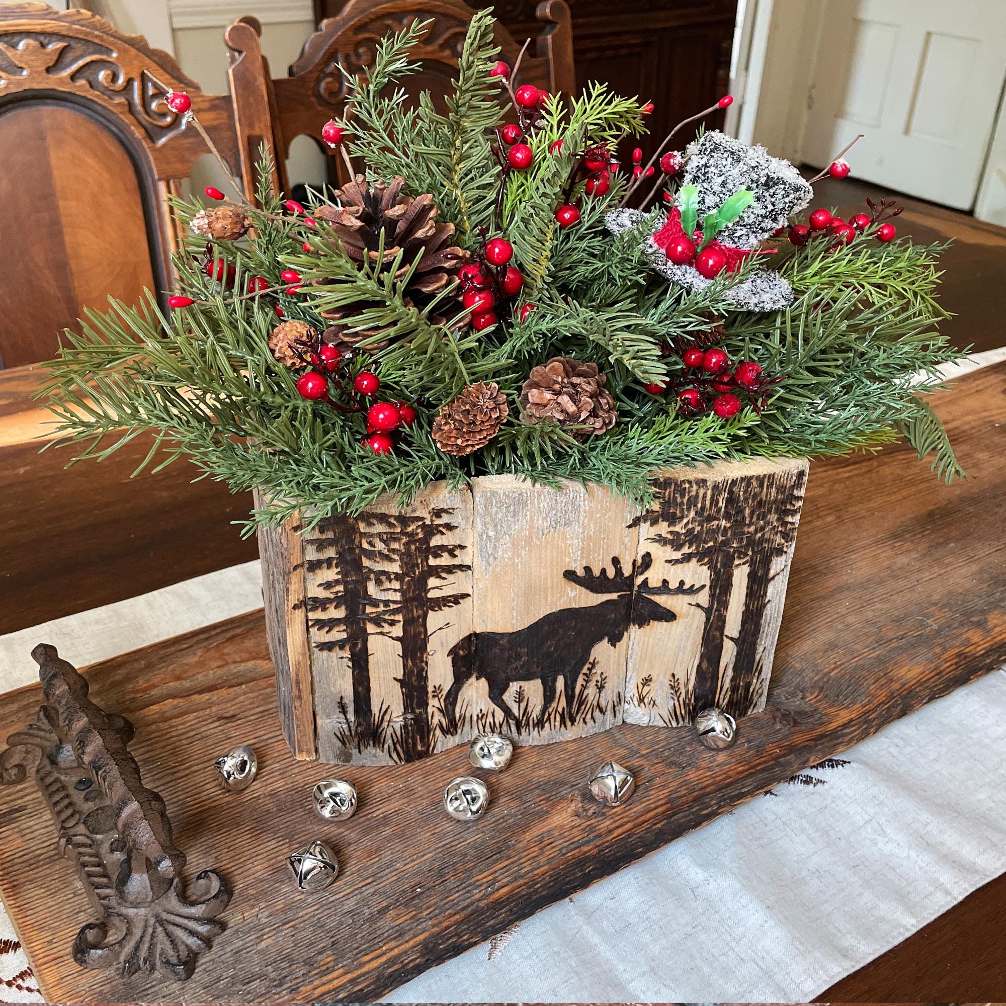 Christmas Flowers, Moose Decor, Rustic Greenery Centerpiece, Faux ...