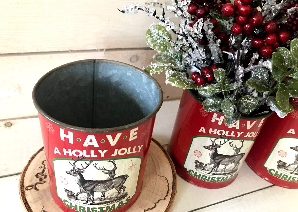 Christmas Tin Can With Reindeer Christmas Cans Metal Cup - Etsy
