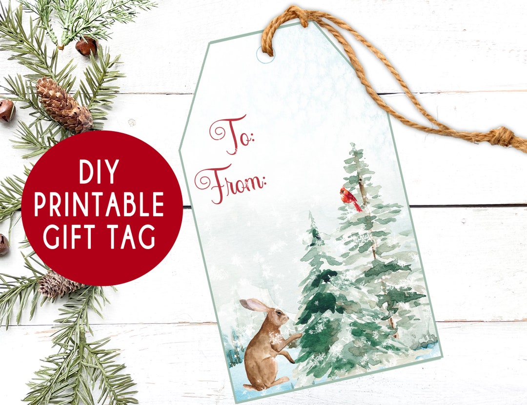 Christmas Gift Tag, Printable Woodland Animal Gift Tag, Winter Rabbit ...