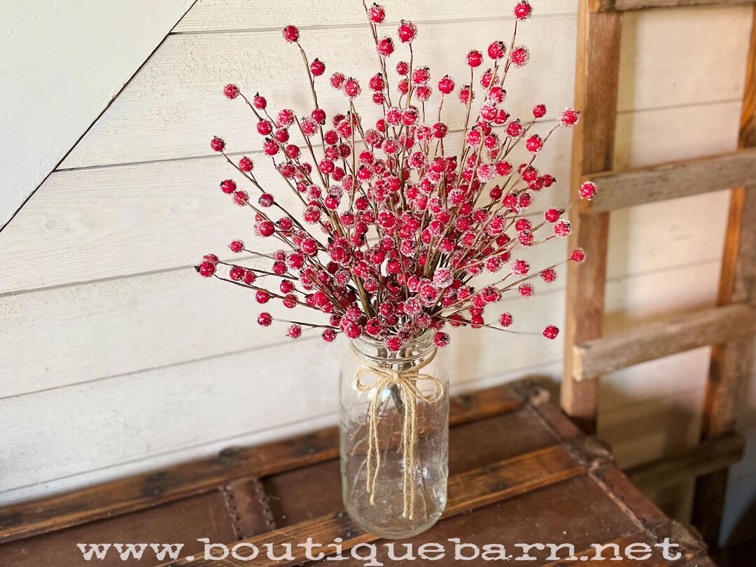 Red Berry Sprays for Christmas Decorating, Iced Berries for Rustic ...