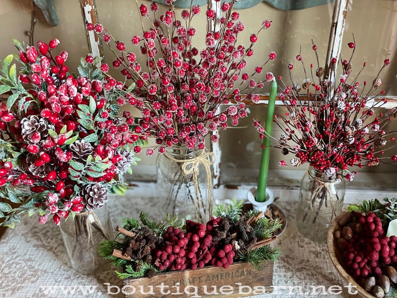 Red Berry Sprays for Christmas Decorating Iced Berries for - Etsy