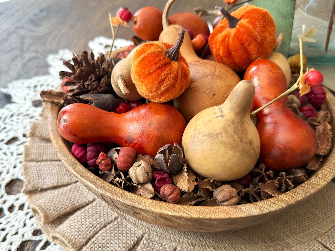 Real Dried Gourds, Fall Table Decor, Natural Wooden Dough Bowl Filler ...