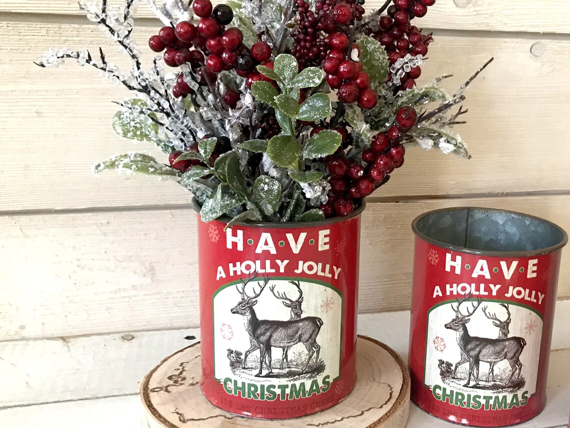Christmas Tin Can With Reindeer Christmas Cans Metal Cup - Etsy