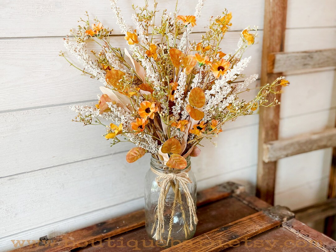 Faux Flowers, Wildflower Spray With Gold Daisies and Heather ...