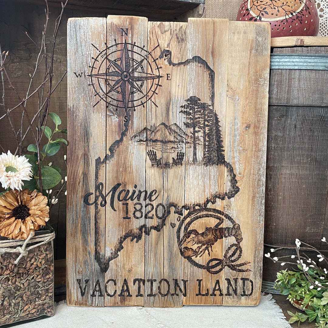 Rustic Wood Map Maine, Decorative Wall Art, Wooden State Sign, Maine ...