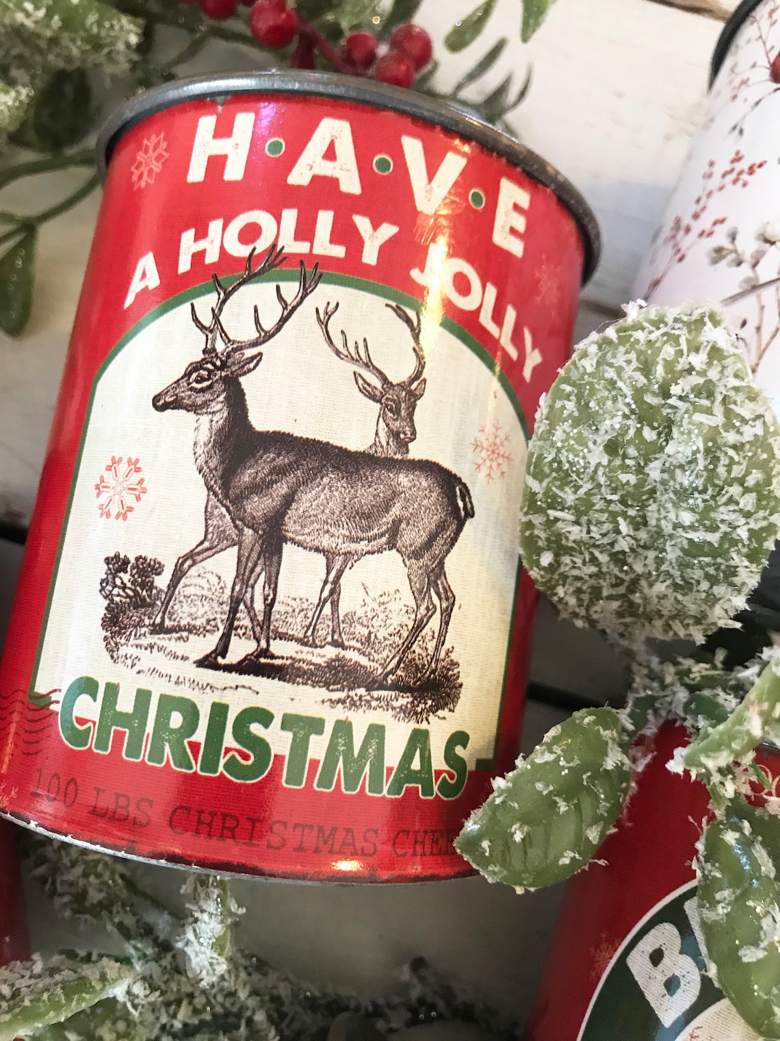 Christmas Tin Can With Reindeer Christmas Cans Metal Cup - Etsy