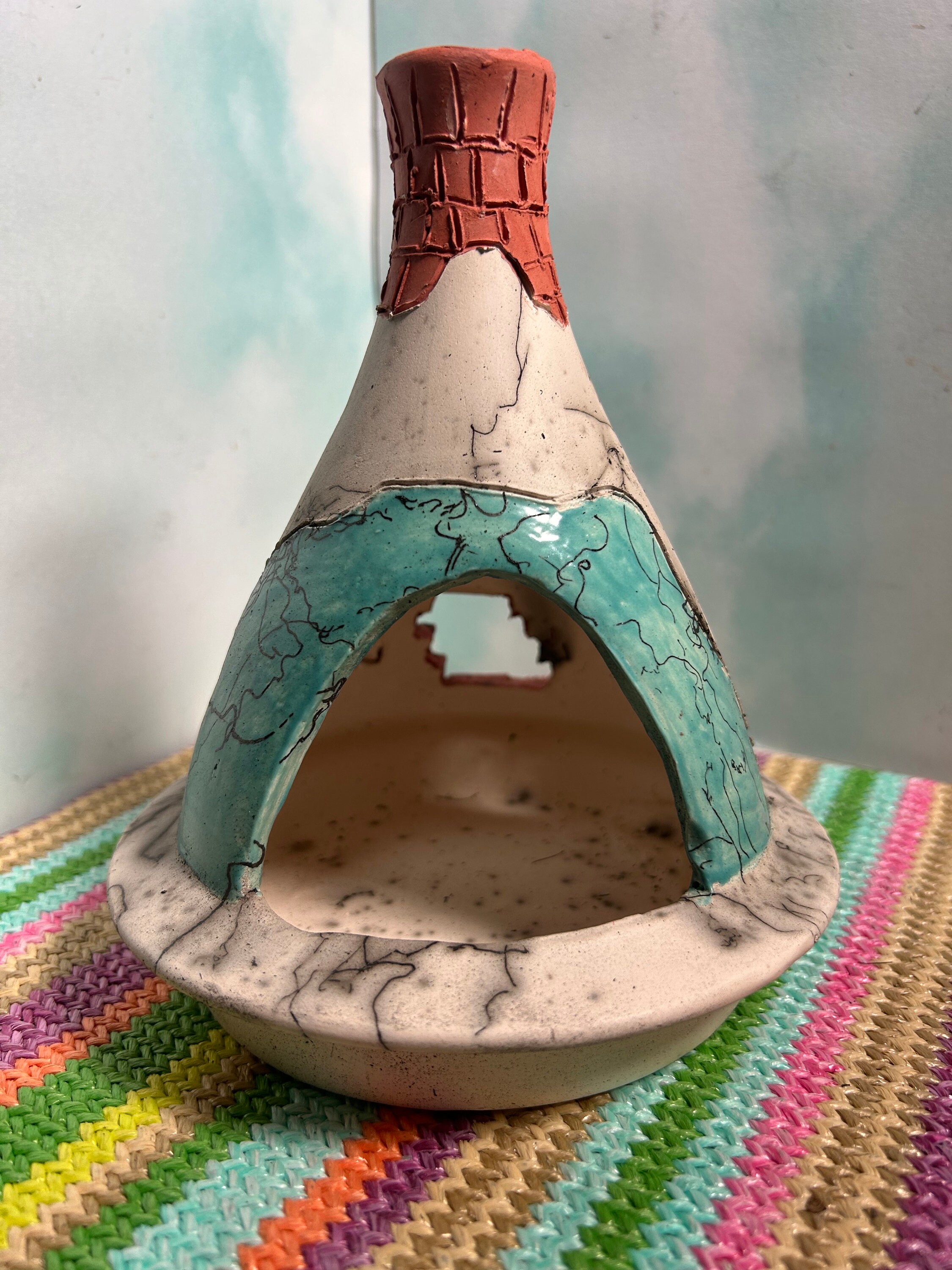 Southwestern Pueblo Tea Light Incense Burner: Turquoise Ceramic Clay ...