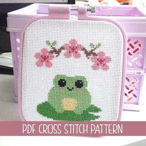 Sakura Froggy Cross Stitch Pattern | Kawaii Cross Stitch | Cute Cross Stitch | Frog | Cherry ...