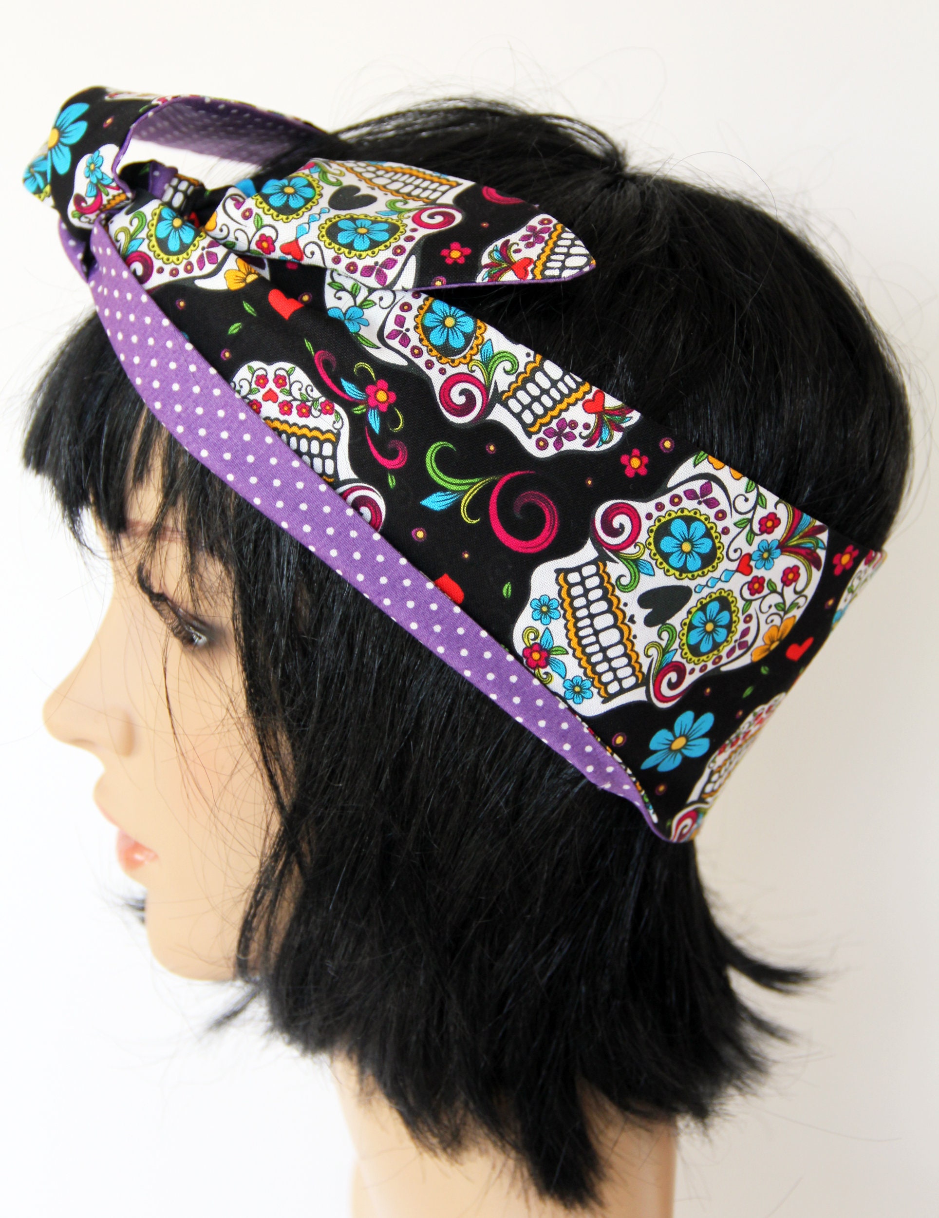 Red Sugar Skulls Hair Wrap, Also in Black, Retro Reversible, 50’s Style ...