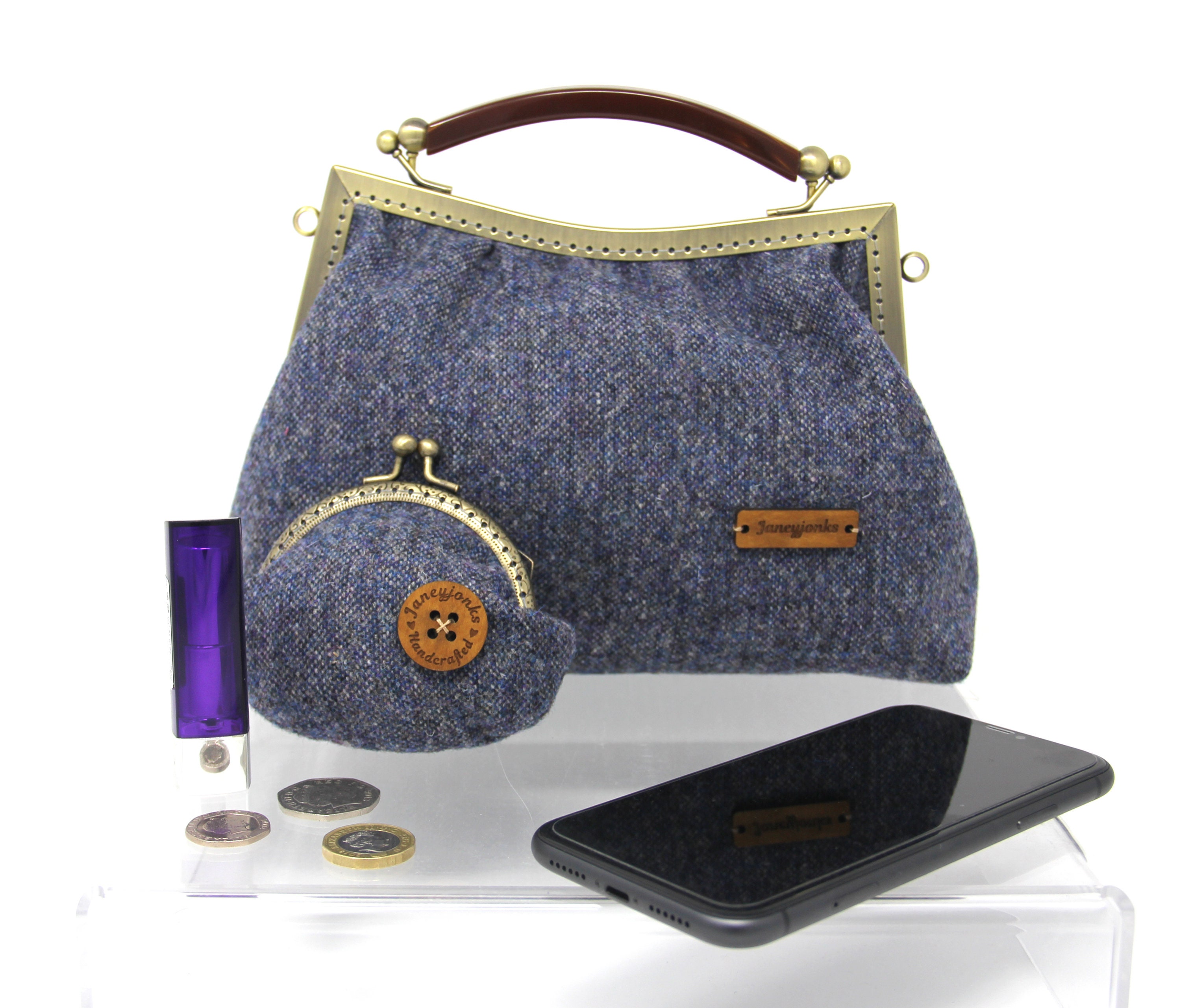 Mid Blue Flecked Tweed Evening Purse Bag, Fully Lined, Removable ...