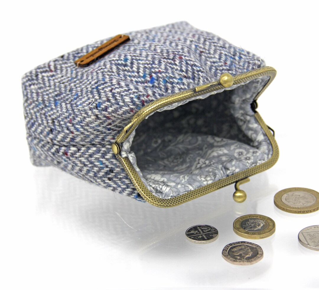 Grey Blue Herringbone Tweed Coin Purse, Fully Lined, Box Shaped ...