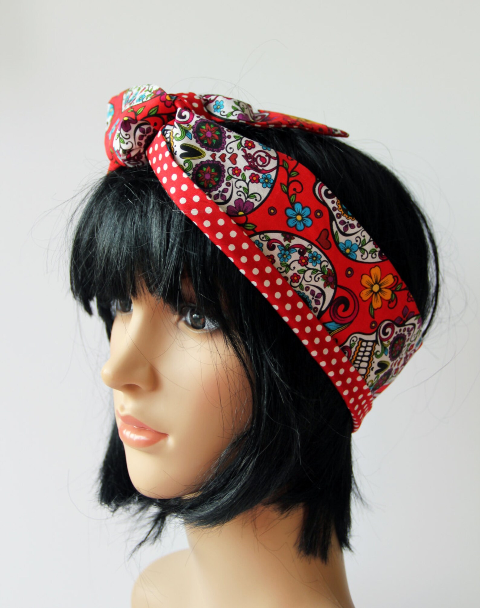 Red Sugar Skulls Hair Wrap, Also in Black, Retro Reversible, 50’s Style ...