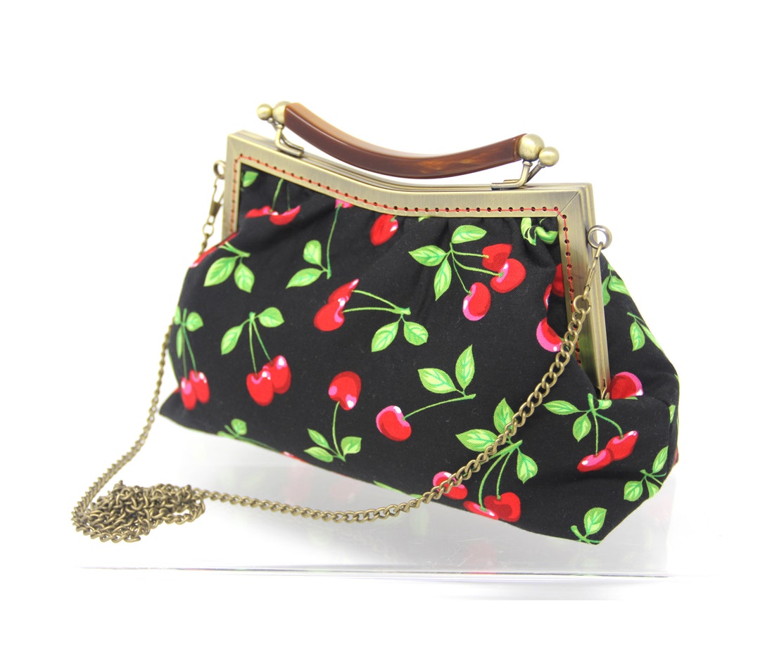 Retro Cherries Evening Purse Bag, Fully Lined, Removable Shoulder Chain ...