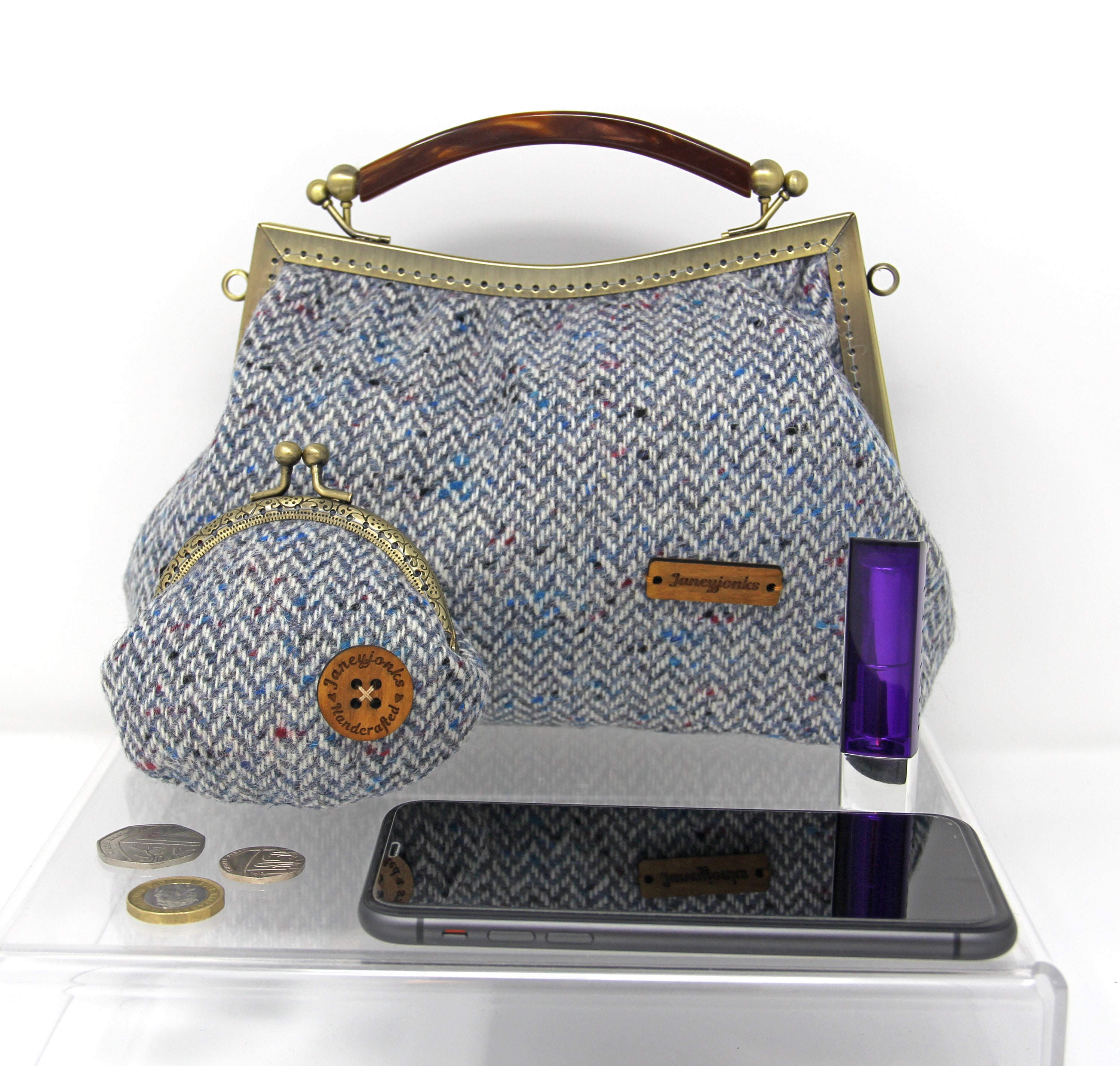 Grey Blue Herringbone Tweed Coin Purse, Fully Lined, Box Shaped ...