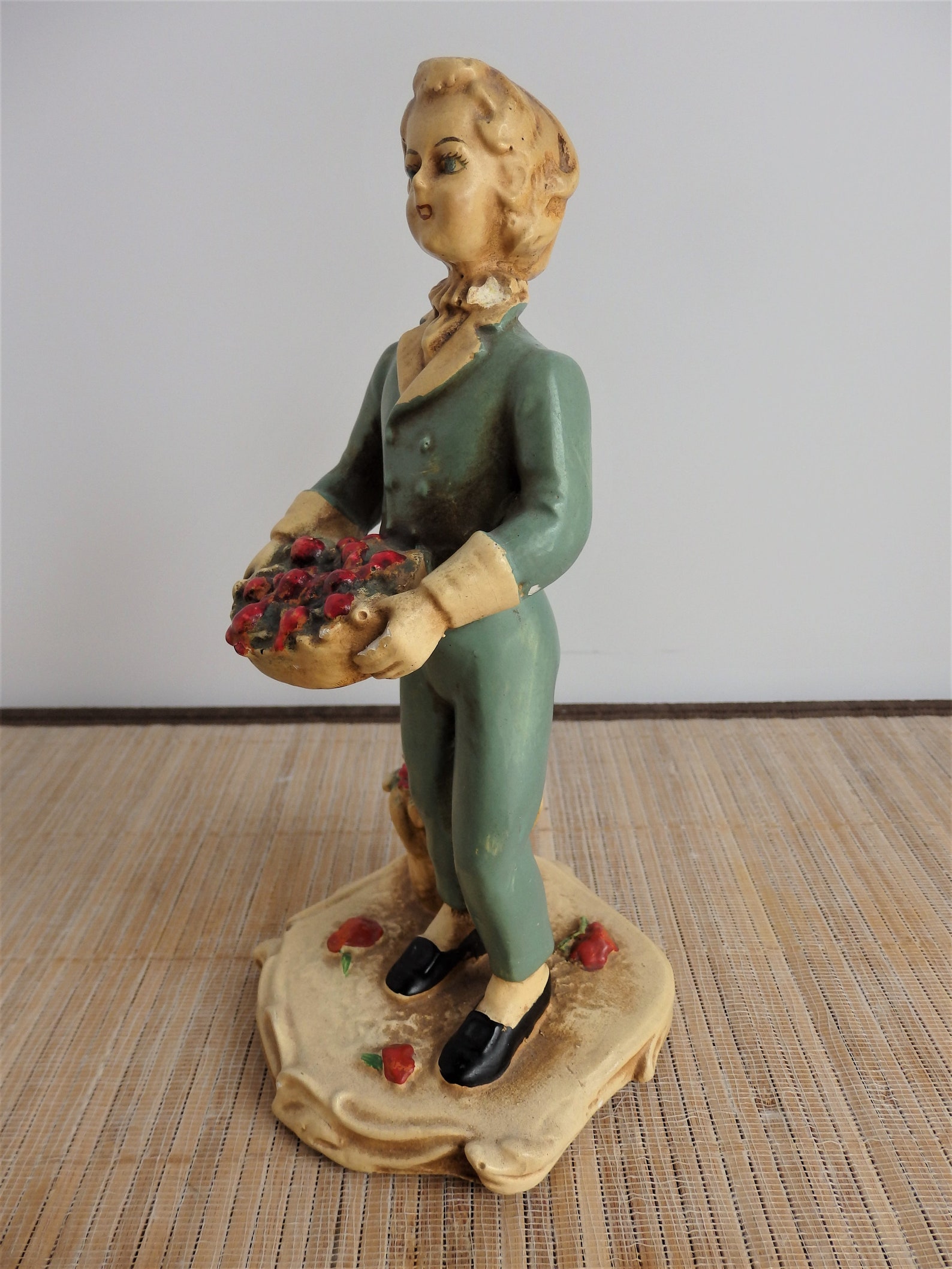 Vintage Chalkware Figurine of Boy Holding Basket of Fruit and - Etsy
