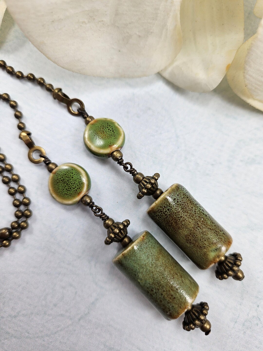 Green and Brown Porcelain Beaded Ceiling Fan Pulls, Light Pull, Lamp ...