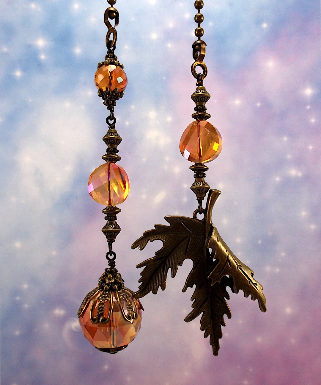 Golden Umber Crystal Glass Ceiling Fan Pulls With Bronze Leaf, Light or ...