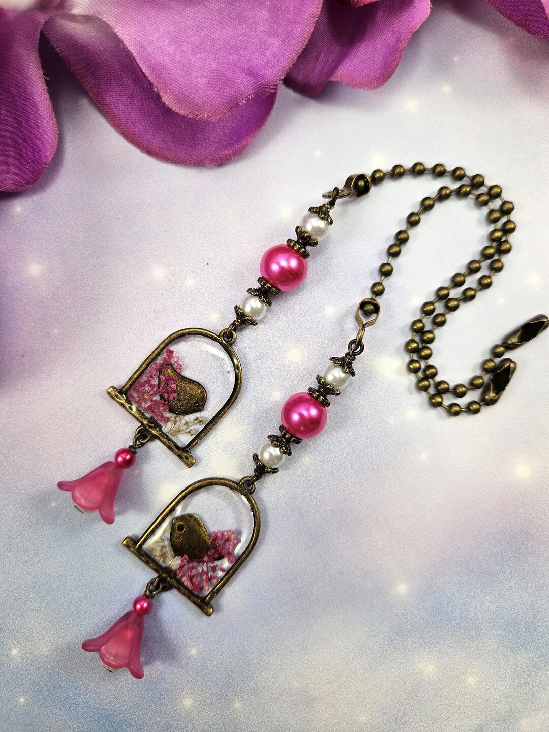Pink and White Ceiling Fan Pulls, Bronze Sparrows With Dried Flowers ...