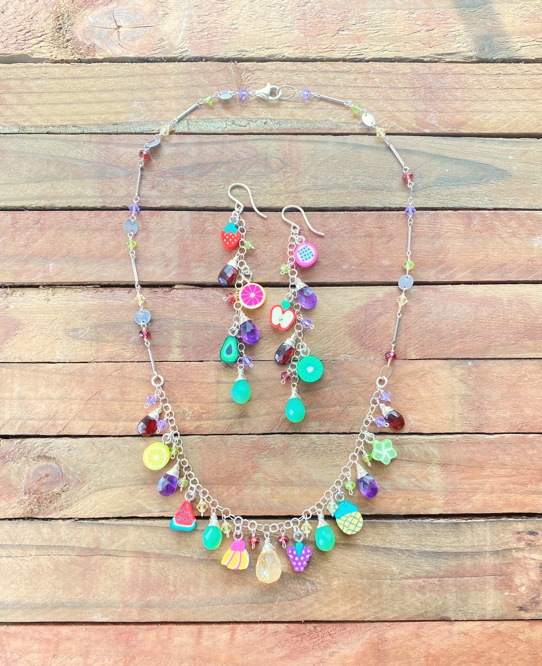 Fruit Gemstone Necklace and Earrings Set, Polymer Clay Fruit Jewelry ...
