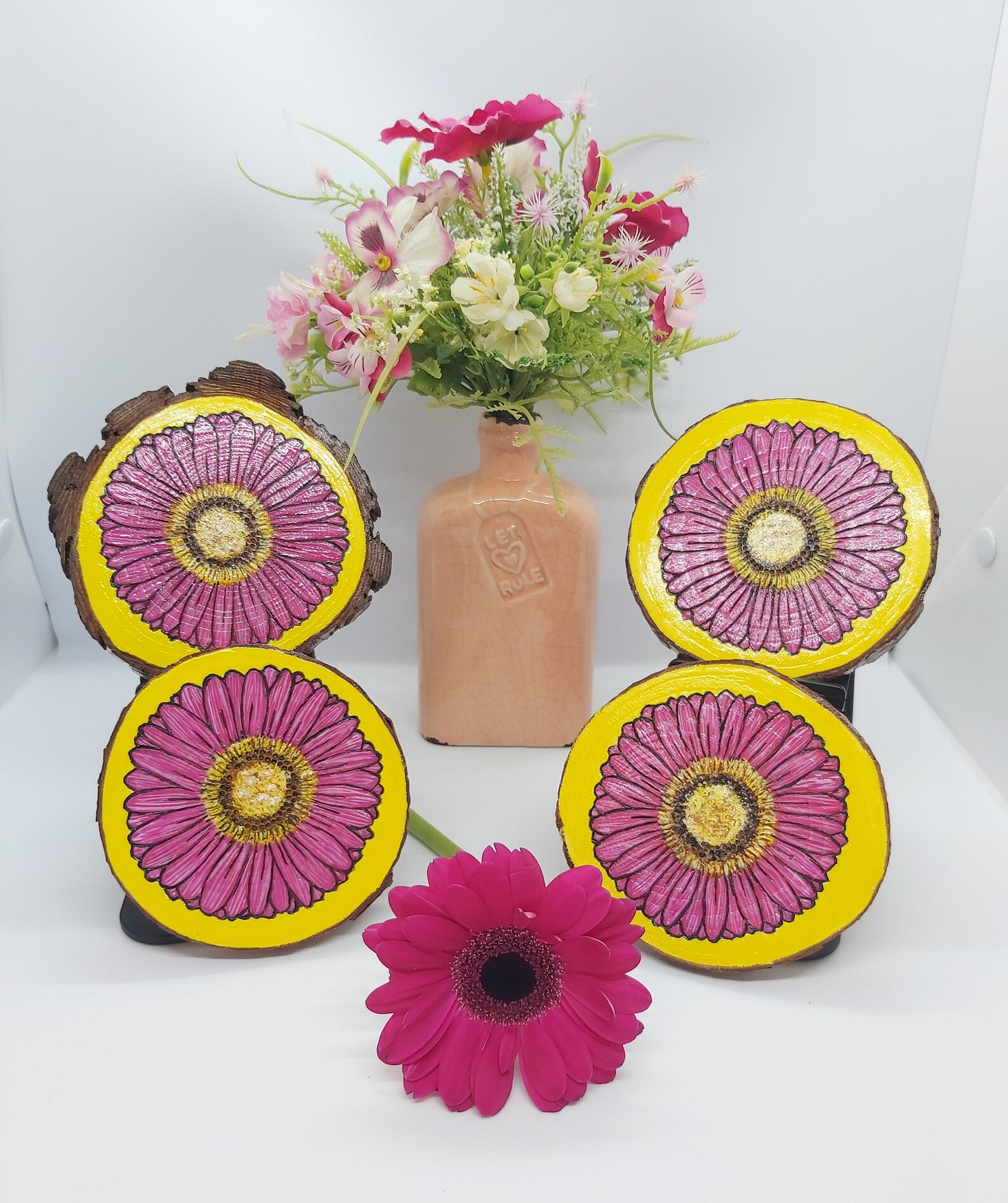 4 X Unique, Wooden, Flower Coasters - Etsy