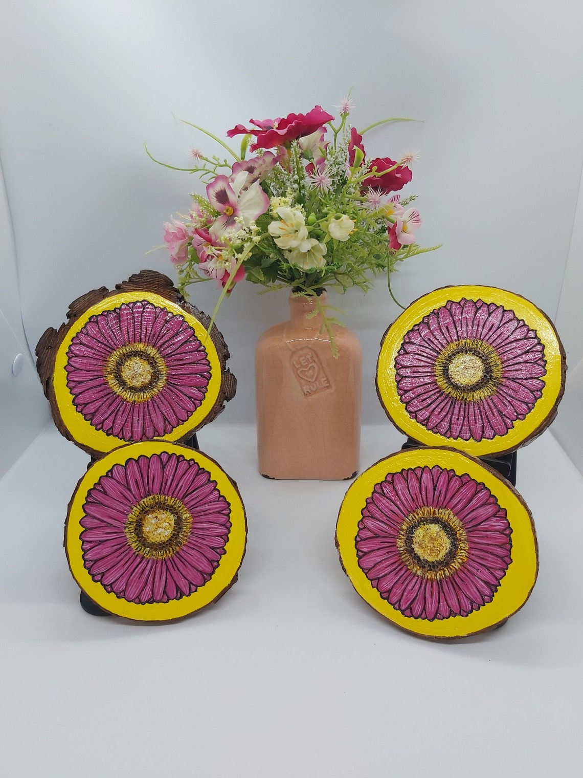 4 X Unique Wooden Flower Coasters - Etsy