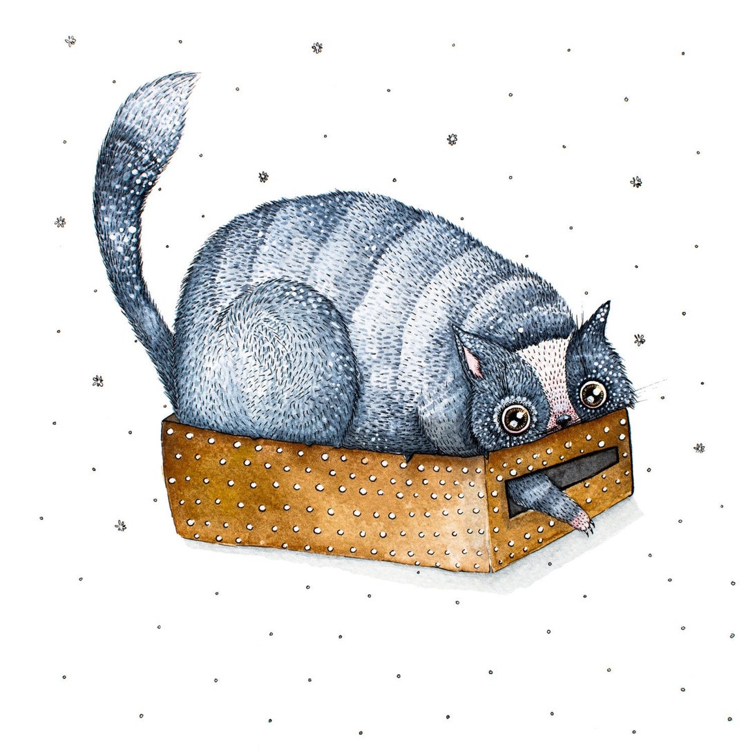 Blue Cat in Box Art PRINT Pet Portrait Watercolor Painting - Nature ...