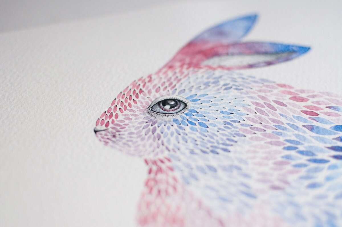 Blue / Purple Rabbit ORIGINAL Watercolor Art Painting - Hare / Bunny ...