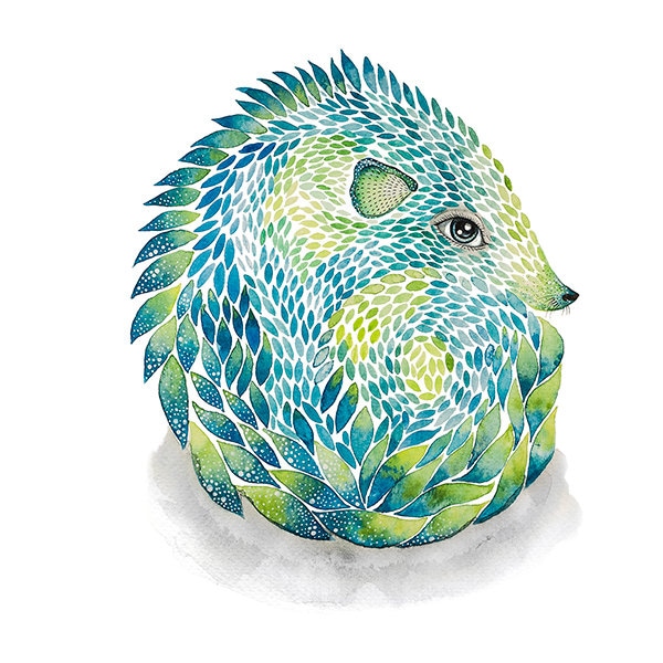 Blue Green Hedgehog ORIGINAL Watercolor Art Painting - Portrait ...