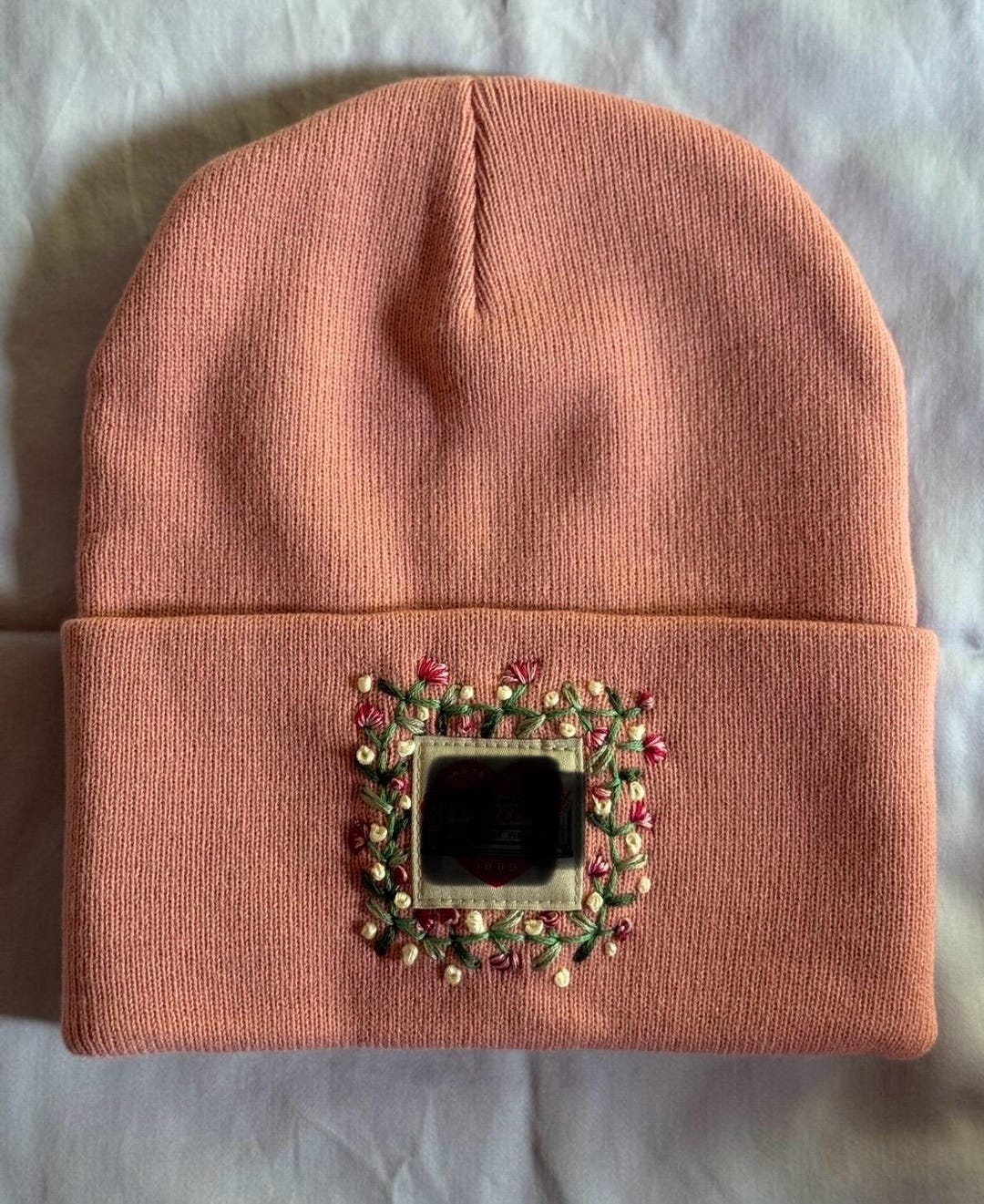 Hand Embroidered Knit Beanie - Rose Tint With Floral, Heart Patch Logo ...