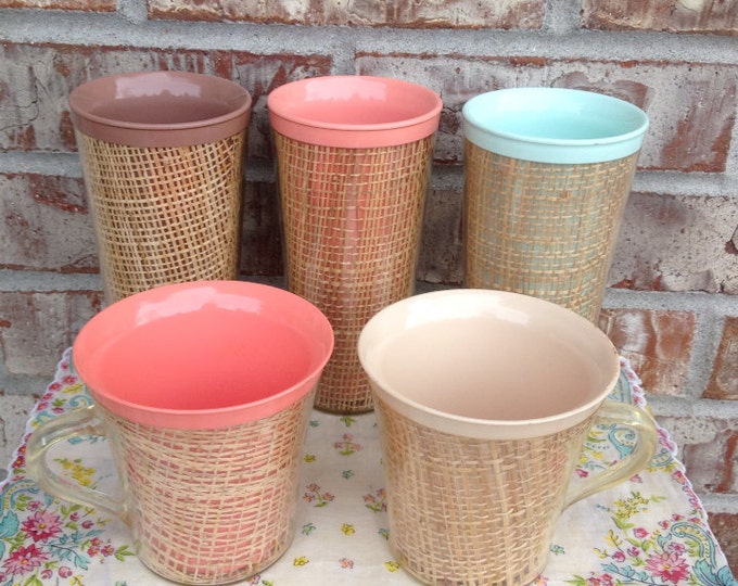 SALE Set of 5 Mid-century Raffiaware Style Mugs / Plastic - Etsy