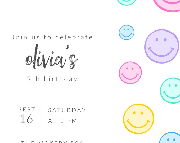 Girls Smiley Face Birthday Invitation Digital Smiley Invite - Etsy