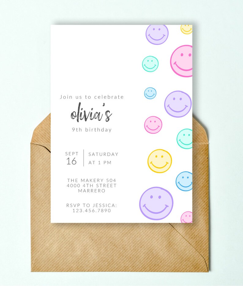 Girls Smiley Face Birthday Invitation Digital Smiley Invite - Etsy