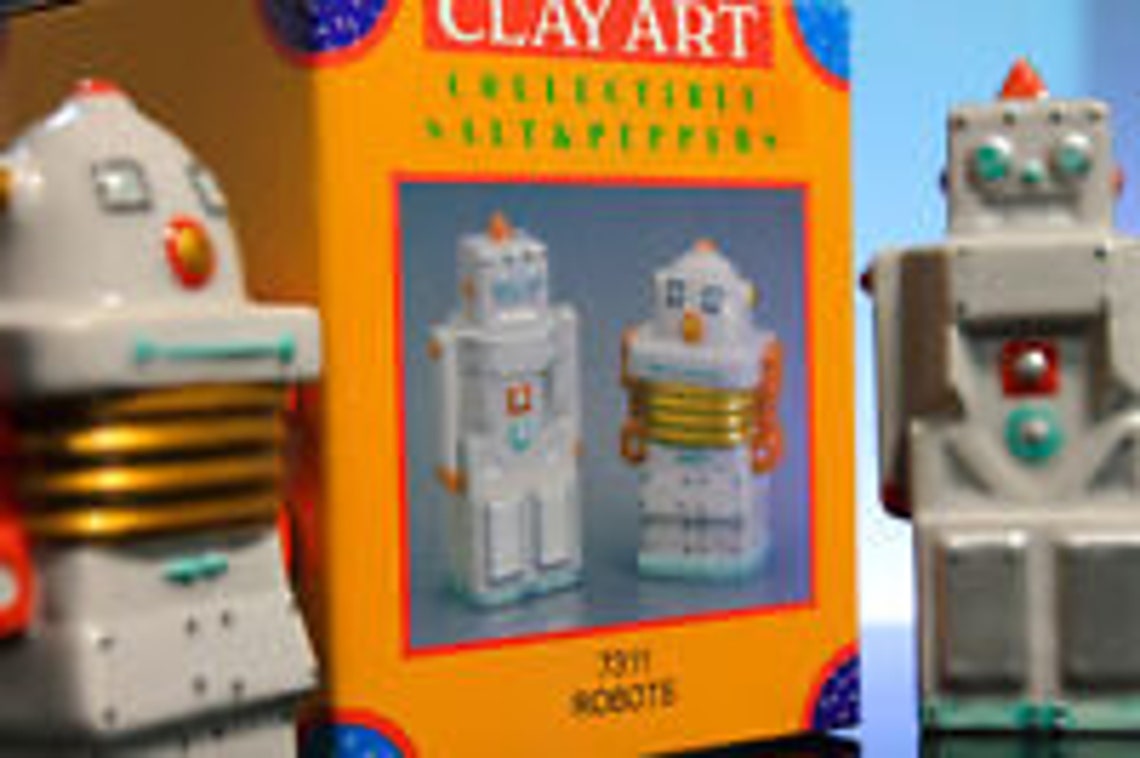 Ceramic Robots Salt & Pepper Shakers Clay Art Retro Pair Original ...