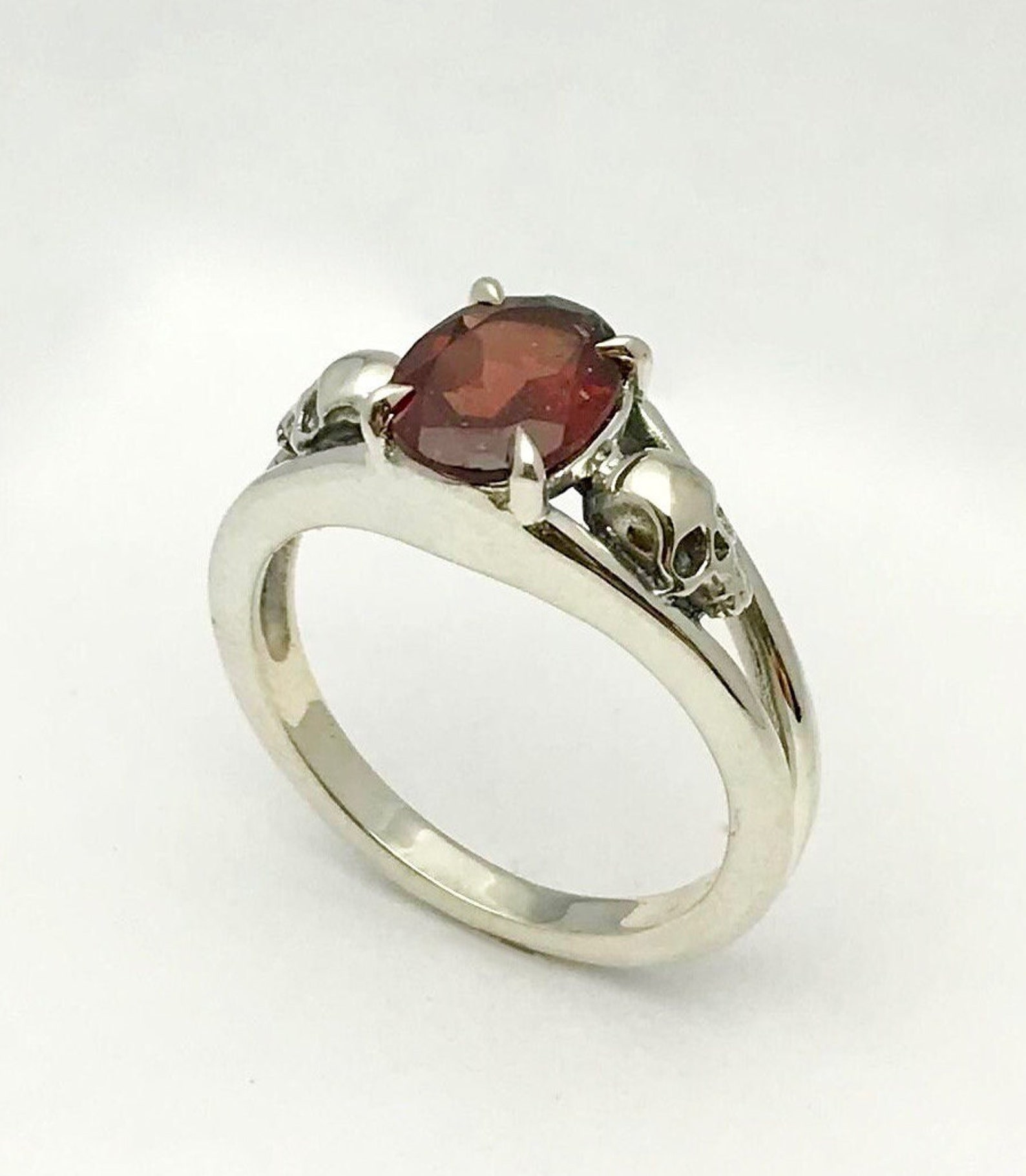 Skulls and Garnet Ring - Sterling Silver, Skull Lover Gift, Handmade ...
