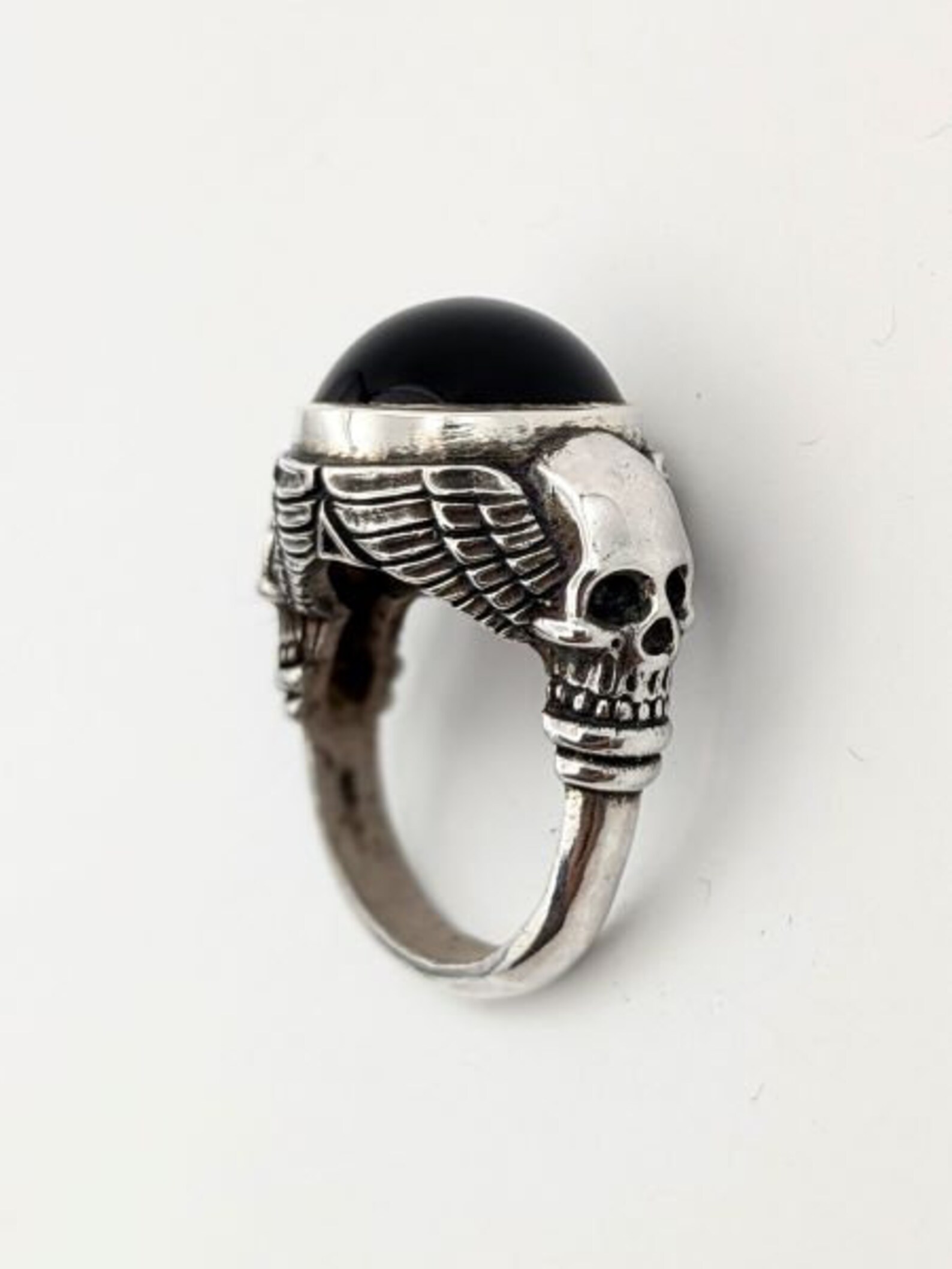 Winged Skull Silver Ring With Onyx - Etsy