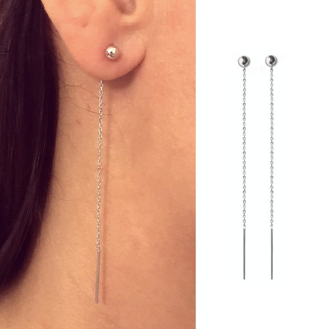 Chain 925 Silver Earrings Pull Through Ears, Dangling, Dot Studs ...