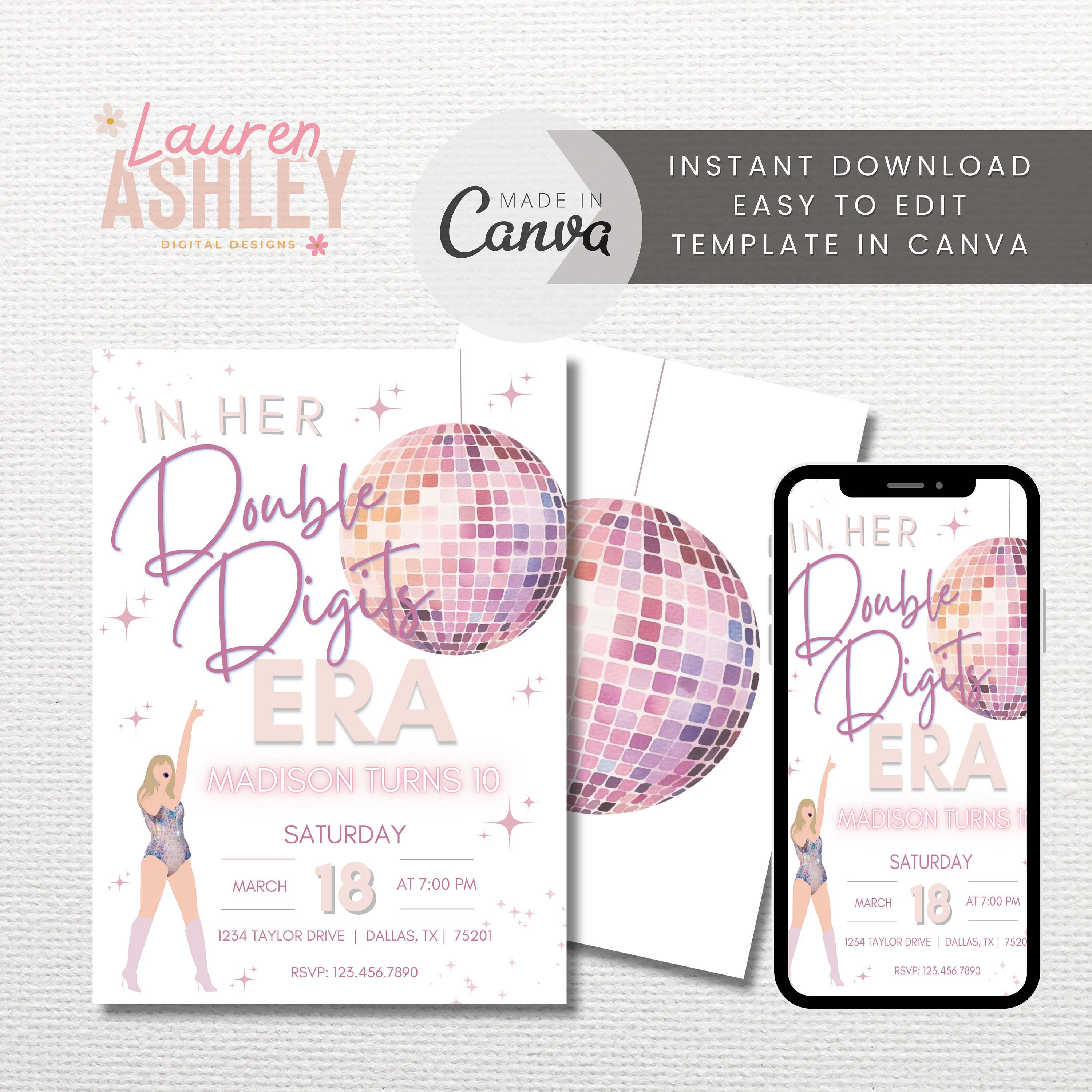 Editable in Her Double Digits Era Invitation, Eras Invitation, Taylor ...