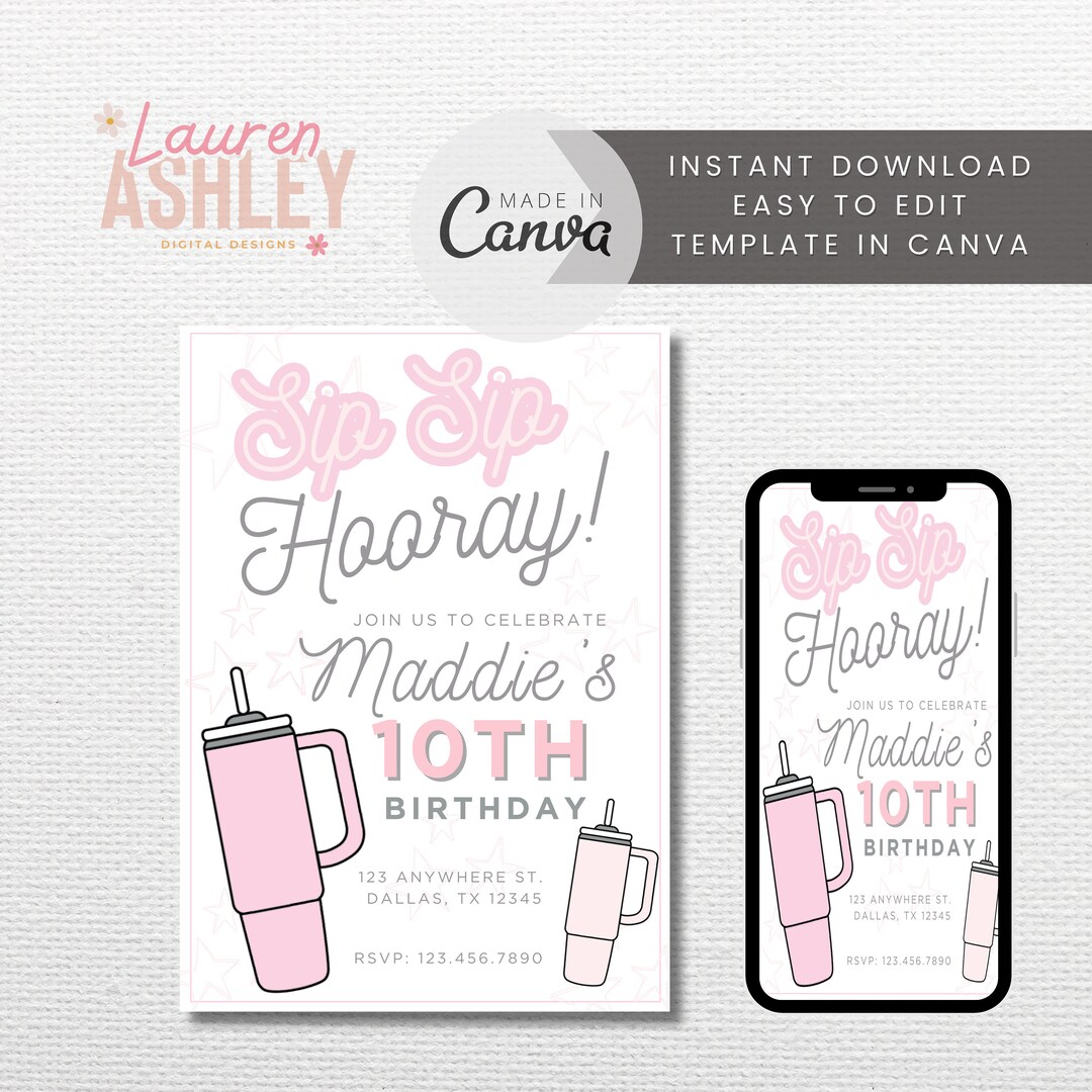Editable Sip Sip Hooray Birthday Invitation, Tumbler Cup Invite ...