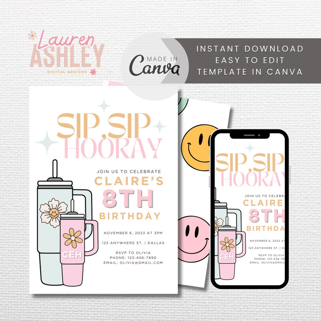 Editable Sip Sip Hooray Birthday Invitation, Retro Birthday Invitation ...