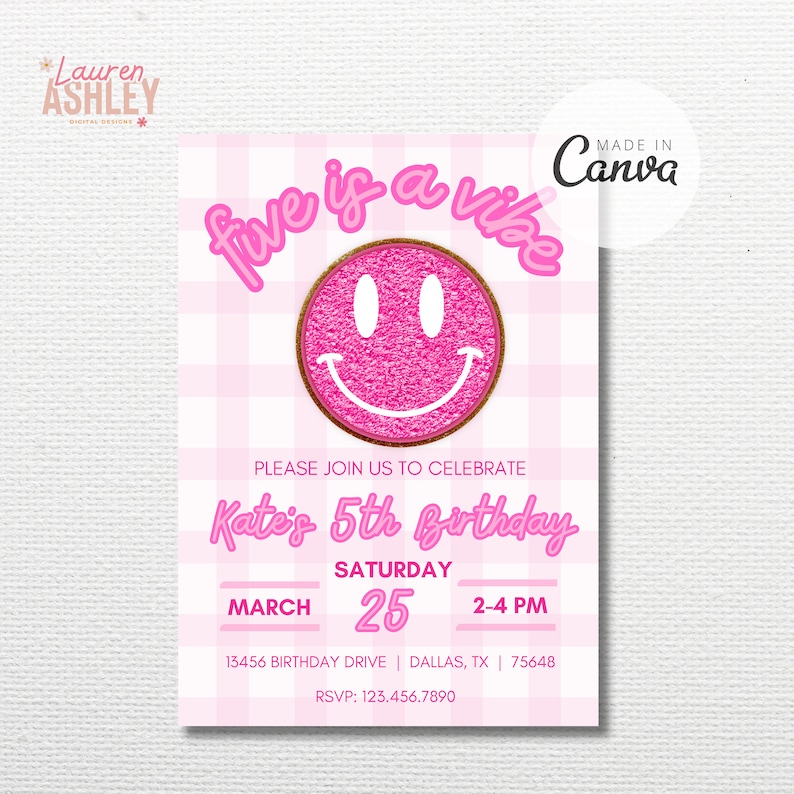 Editable Five is a Vibe Birthday Invitation, Five is a Vibe, Smiley ...